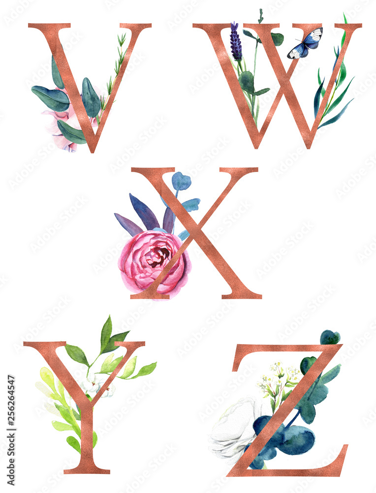 Decorative floral alphabet with gold foil letters and watercolor ...
