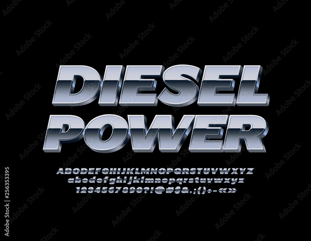 Vector Metallic logotype Diesel Power with 3D Font. Silver Alphabet ...