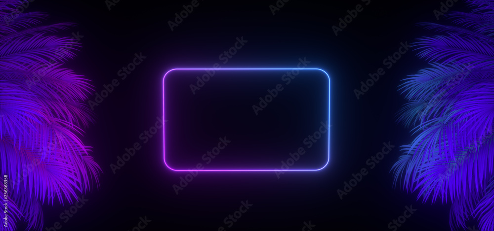 3d render of neon palm leaves and frame on the black. Banner design ...