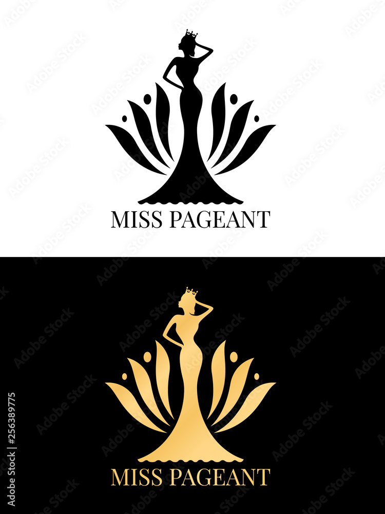 Black and gold Miss pageant logo sign with Beauty queen wear a crown ...