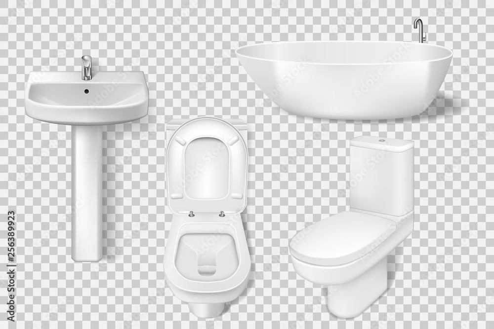Realistic bathroom collection template. White clean toilet, bowl, sink ...