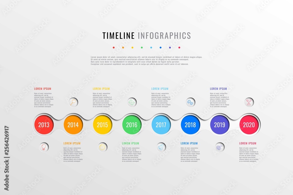 horizontal business timeline with 8 round elements, year indication and ...