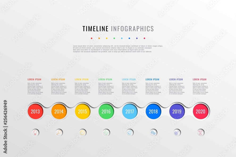 horizontal business timeline with 8 round elements, year indication and ...