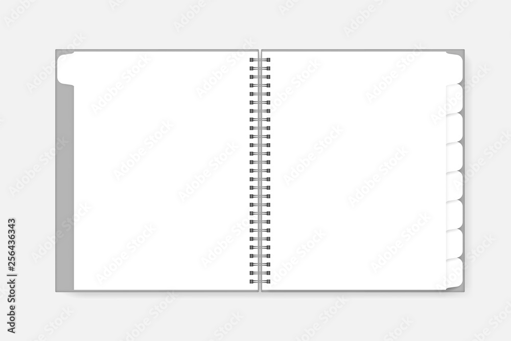 Open blank spiral notebook with tab dividers, vector mockup. Wire bound ...