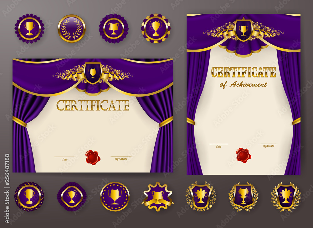 Set of elegant templates of diploma with lace ornament, ribbon, wax ...