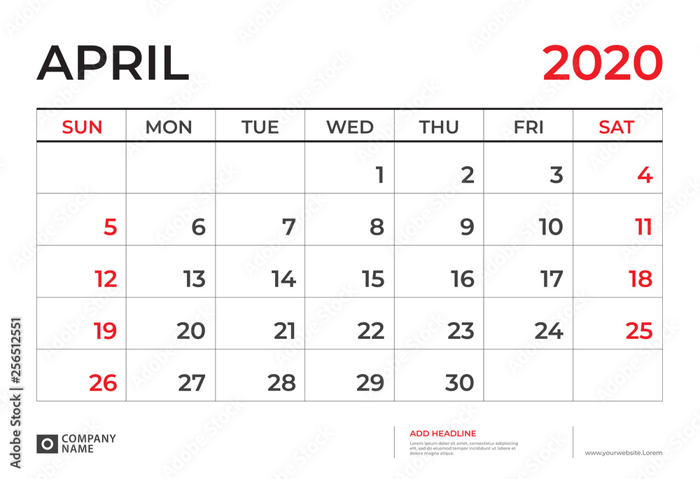 April 2020 Calendar template, Desk calendar layout Size 9.5 x 6.5 inch ...