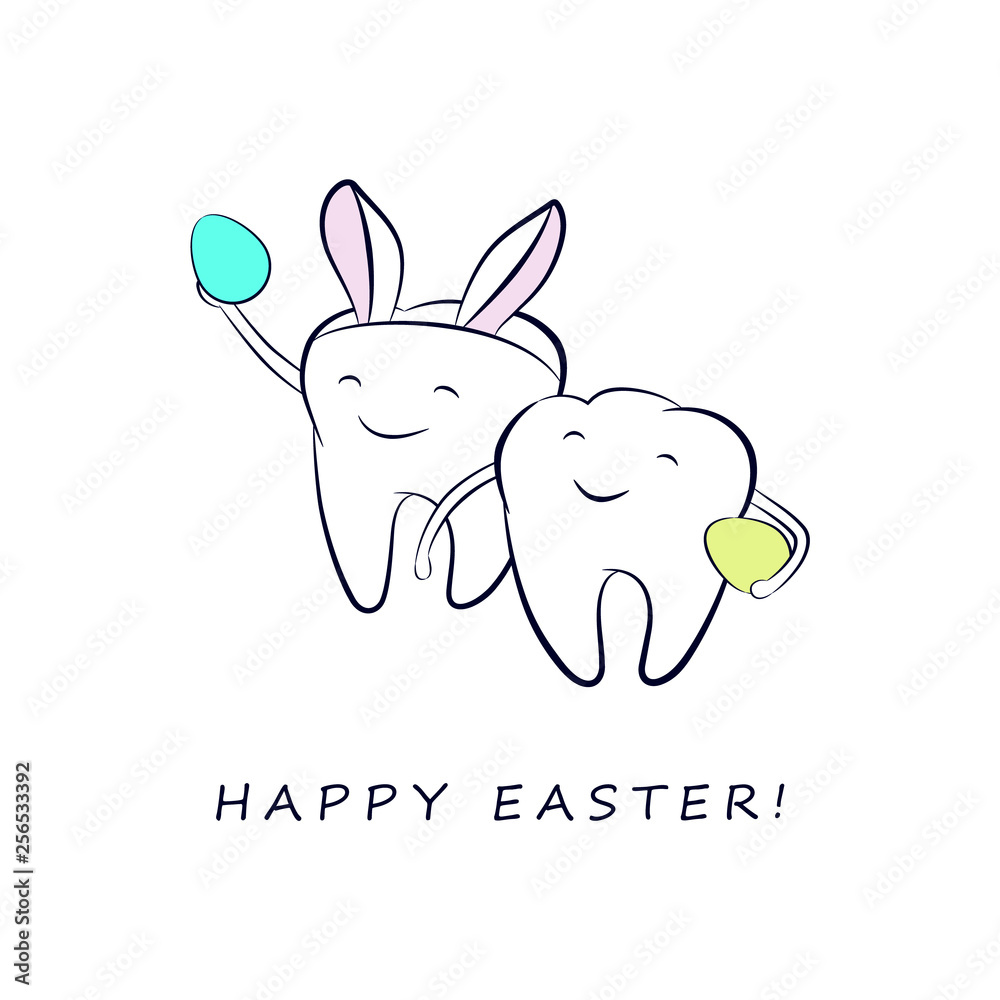 Smiling cartoon teeth with colorful Easter eggs and in a costume with ...