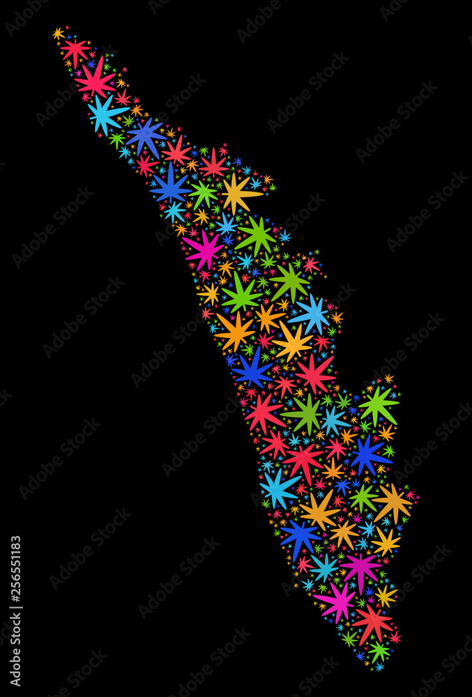 Bright vector cannabis Kerala State map collage on a black background ...