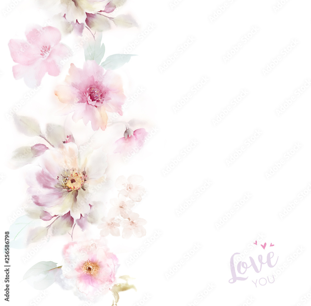 Greeting card with flowers,Pastel colors,Handmade,Watercolor painting ...