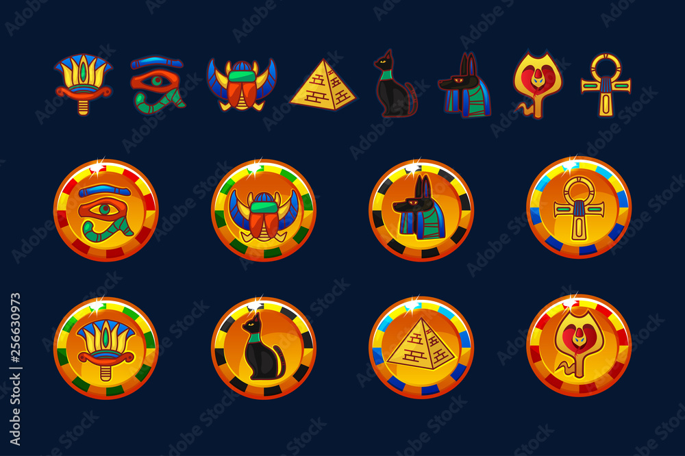 Egypt golden coins and set icons isolated. Collection of ancient Egypt ...