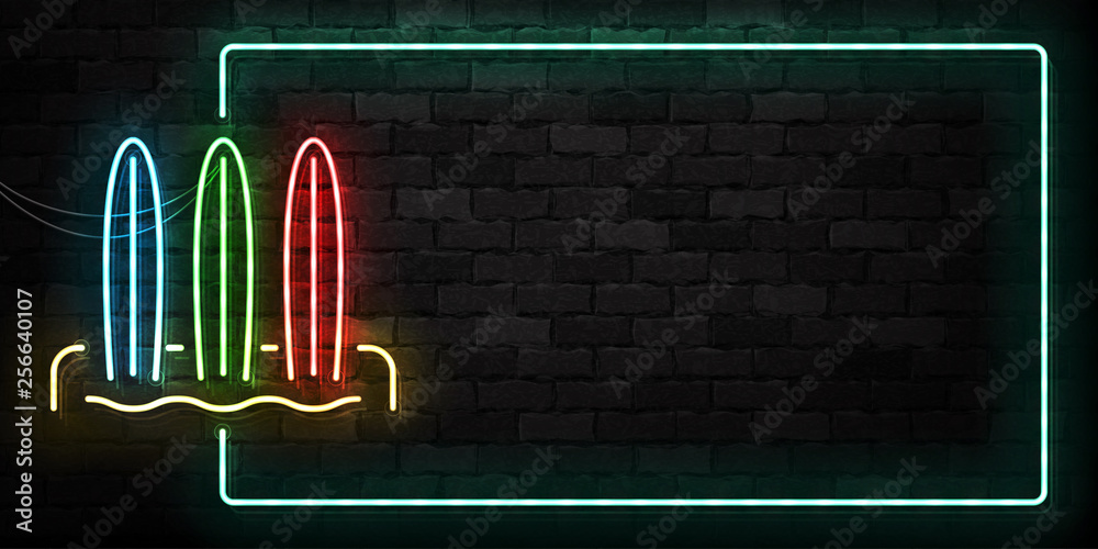 Vector realistic isolated neon sign of Surfing frame logo for template ...