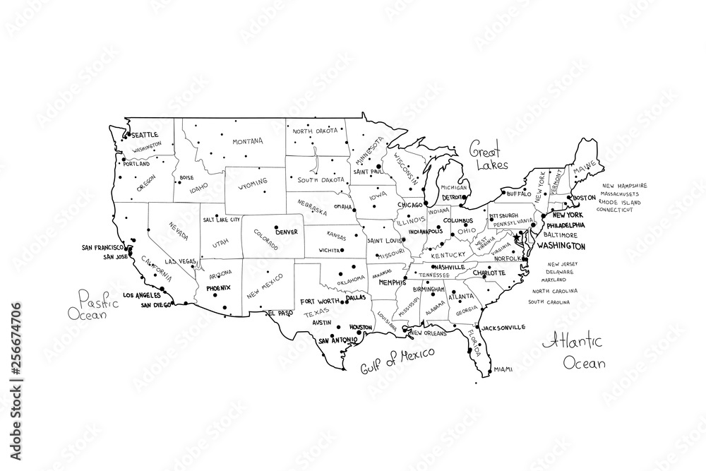 USA map vector. Hand drawned vector illustration of United States of ...
