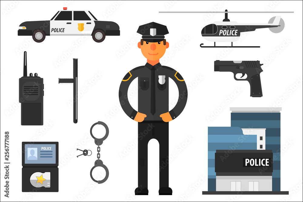 Cartoon set of police attributes. Officer, gun, baton, automobile ...