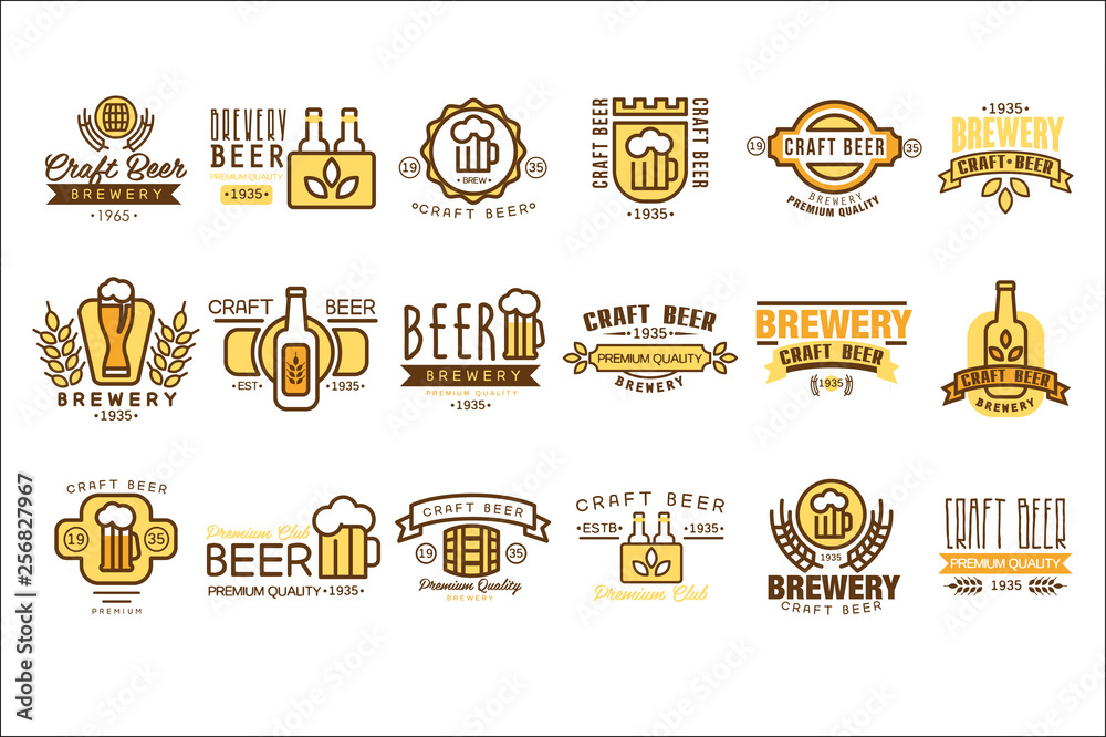Vector set of vintage beer logos templates. Original linear emblems ...