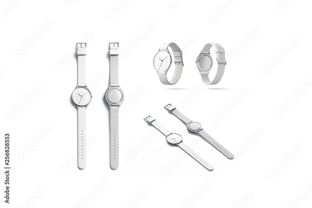 Blank white watch wristlet mockup set, isolated, front and back, 3d ...