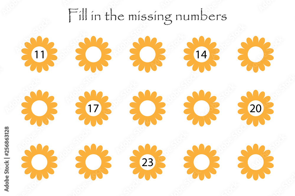 Game with flowers for children, fill in the missing numbers, middle ...
