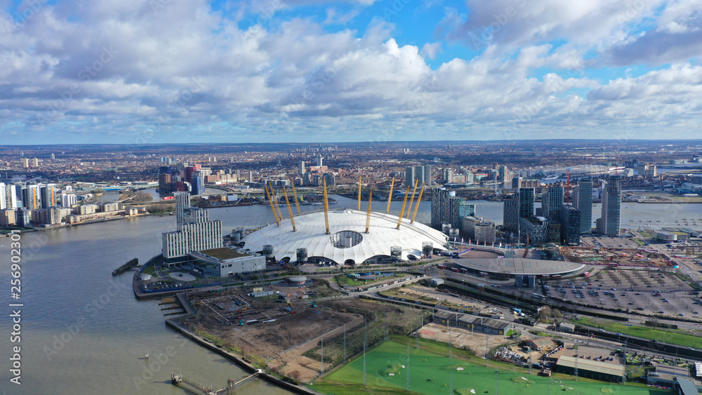 Aerial drone bird's eye view of iconic concert Hall of O2 Arena ...