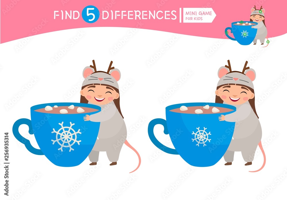 Find differences. Educational game for children. Cartoon vector illustration of cute girl in ...