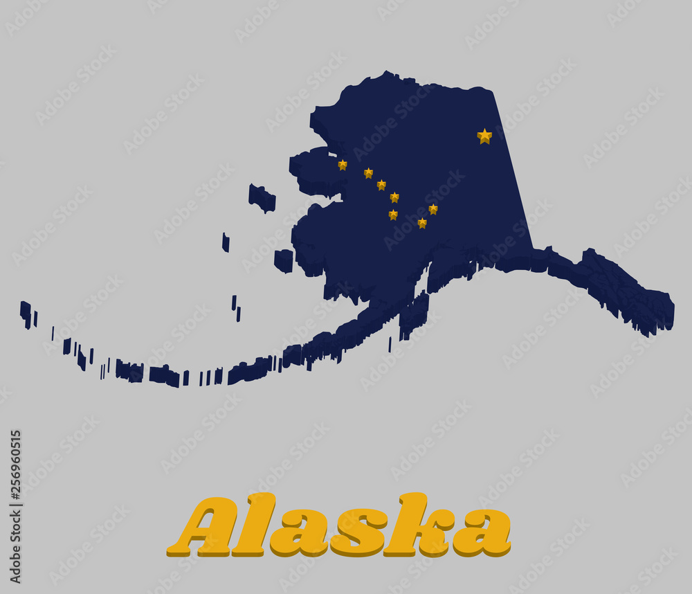 3D Map outline and flag of Alaska, Eight gold stars, in the shape of ...