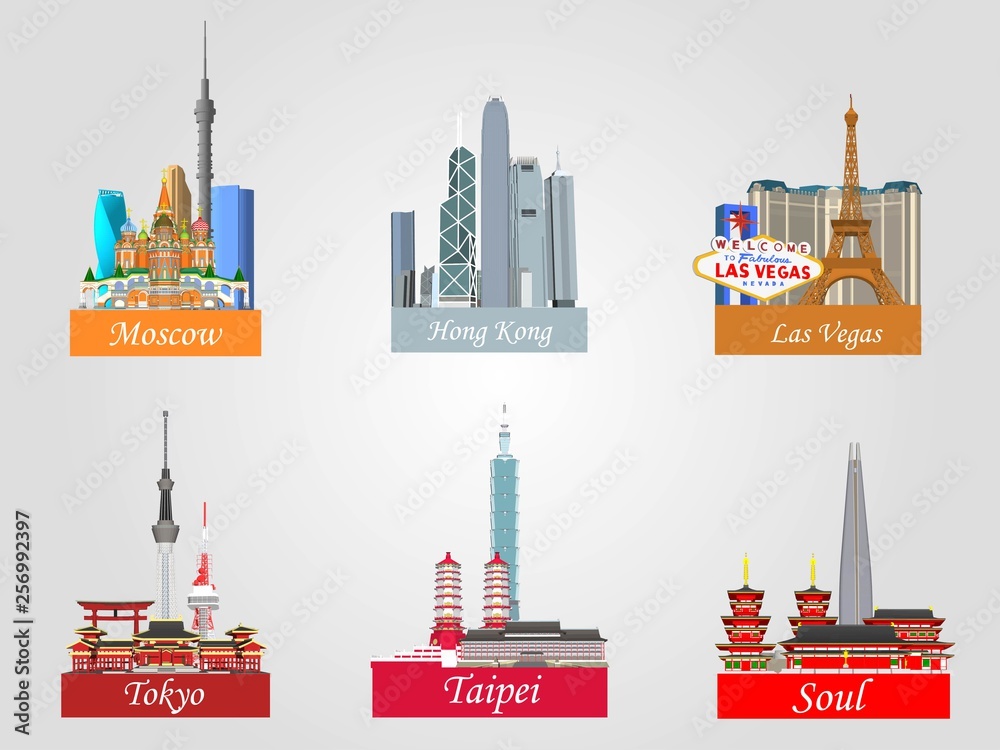 Vector Landmark, Moscow City, Hong Kong, Las Vegas, Tokyo, Taipei ...