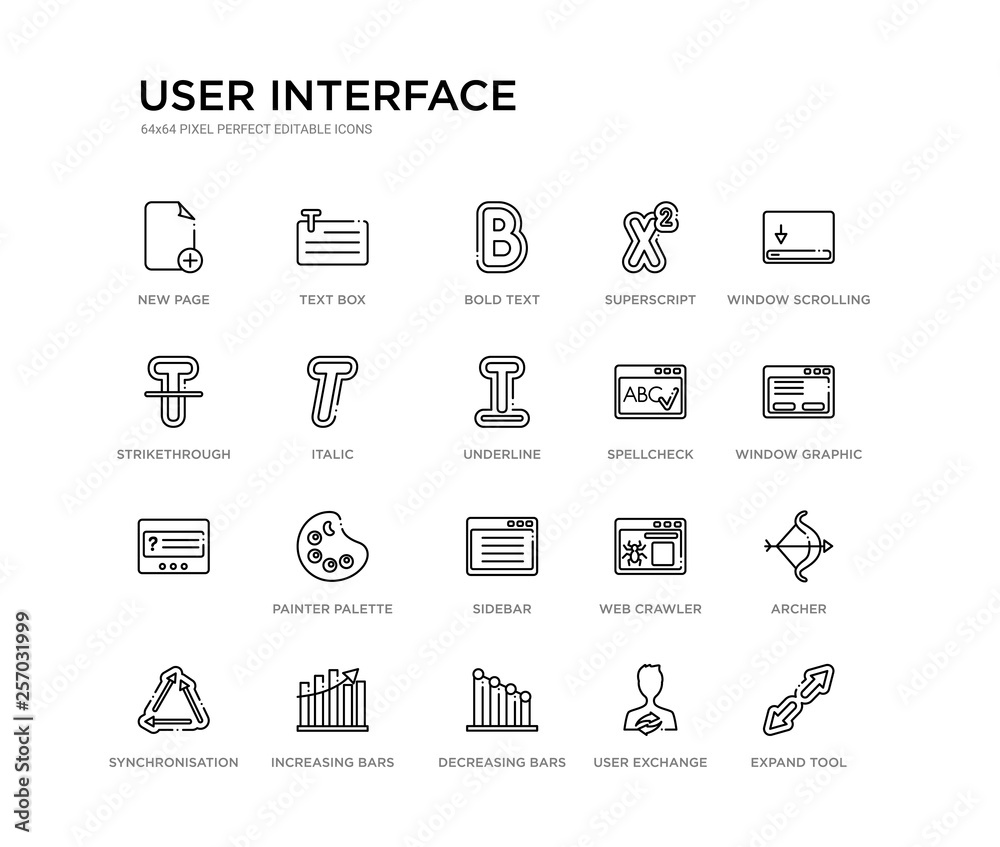 set of 20 line icons such as sidebar, painter palette, , spellcheck, underline, italic ...