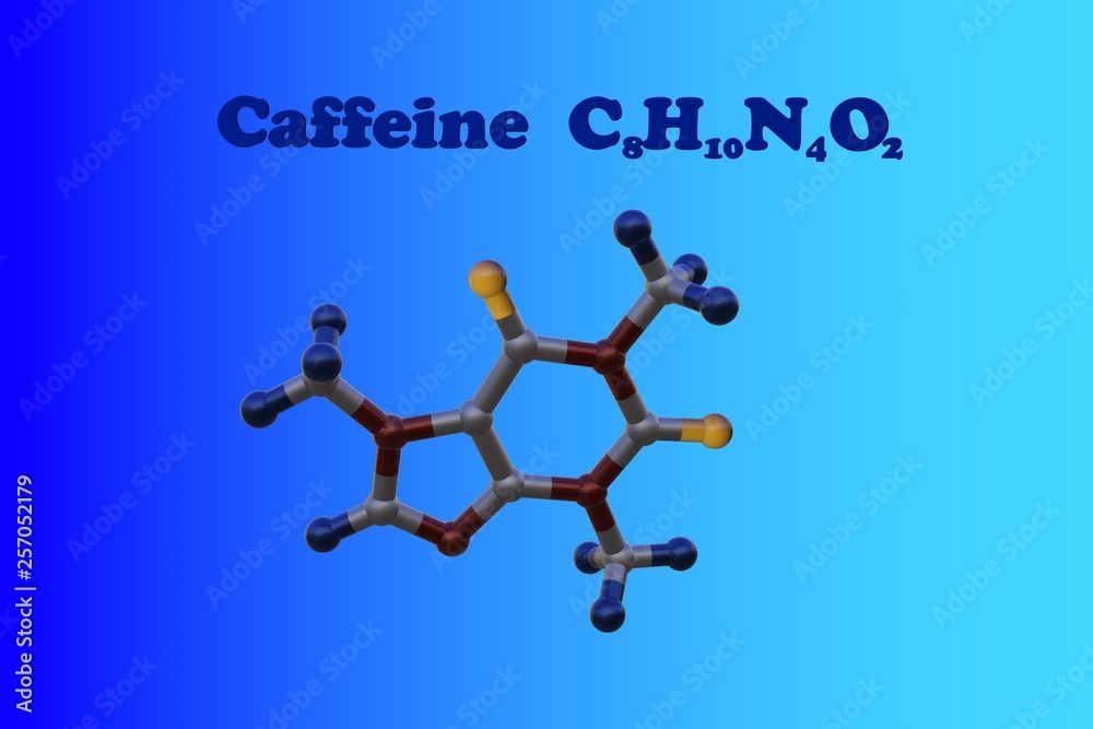 Structural chemical formula and molecular model of caffeine, a ...