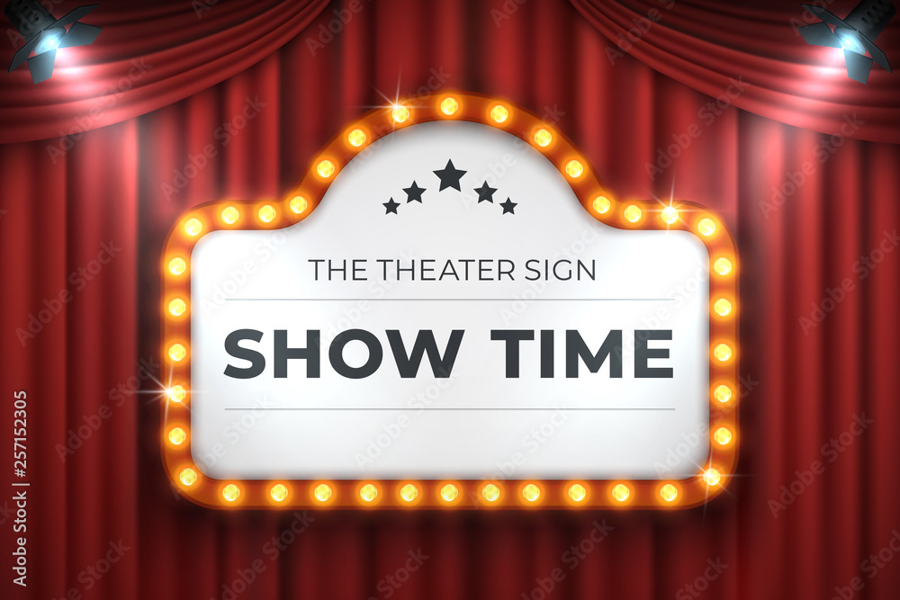Theater cinema sign. Movie light frame, retro marquee banner on red ...