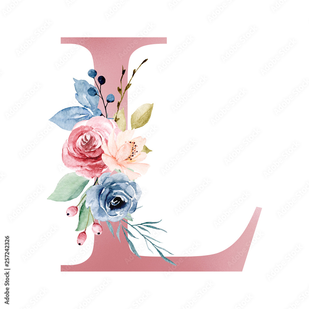Ilustração Floral alphabet, letter L with watercolor flowers and leaf ...
