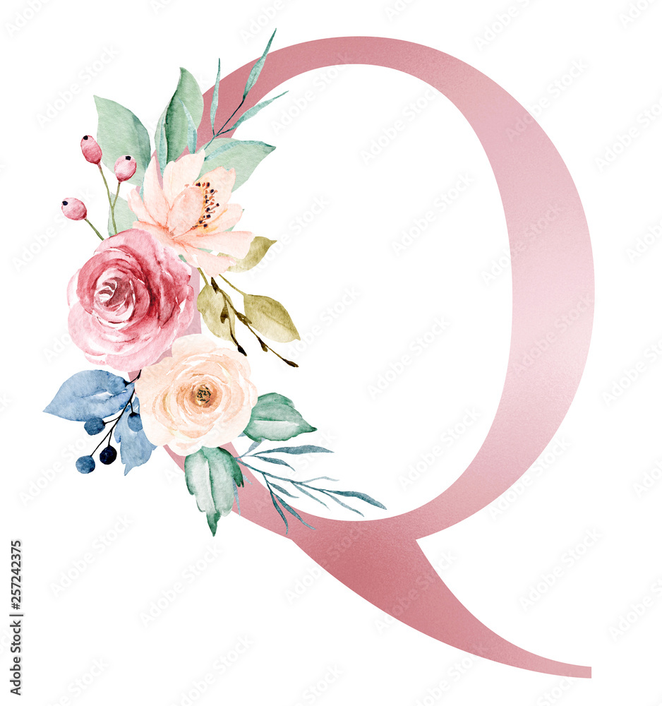 Floral alphabet, letter Q with watercolor flowers and leaf. Monogram ...