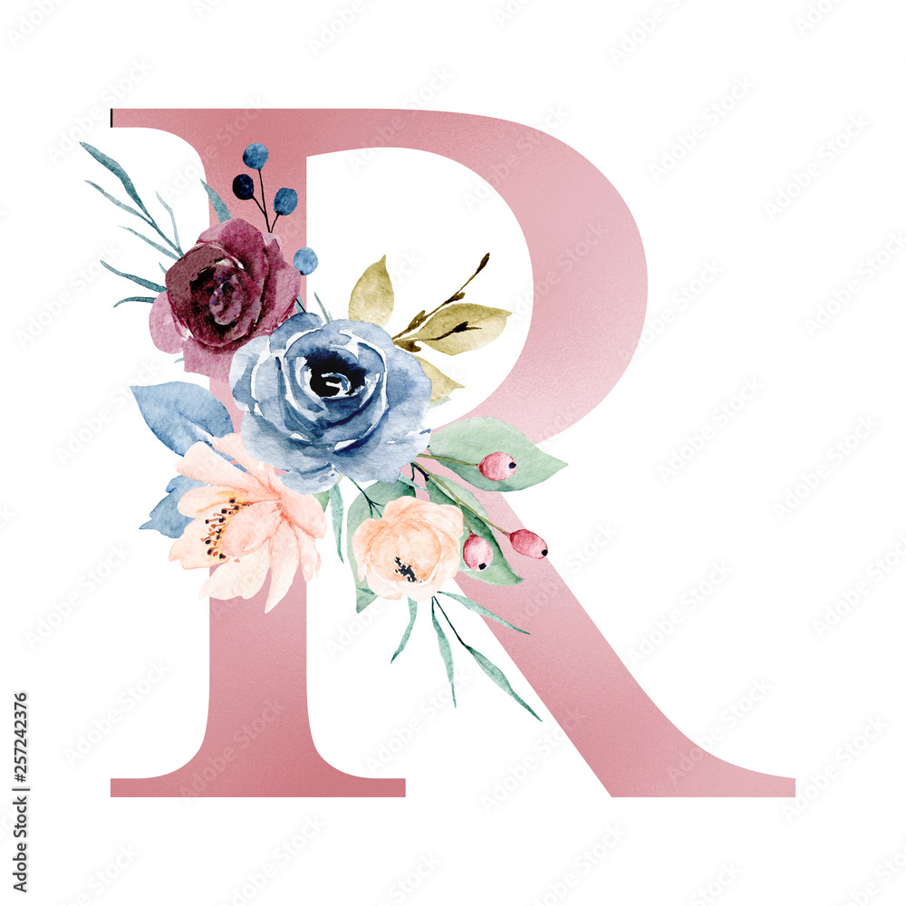 Floral alphabet, letter R with watercolor flowers and leaf. Monogram ...
