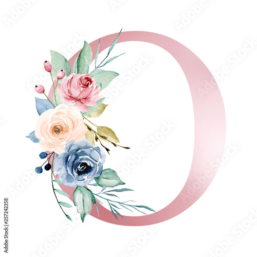Floral alphabet, letter O with watercolor flowers and leaf. Monogram ...