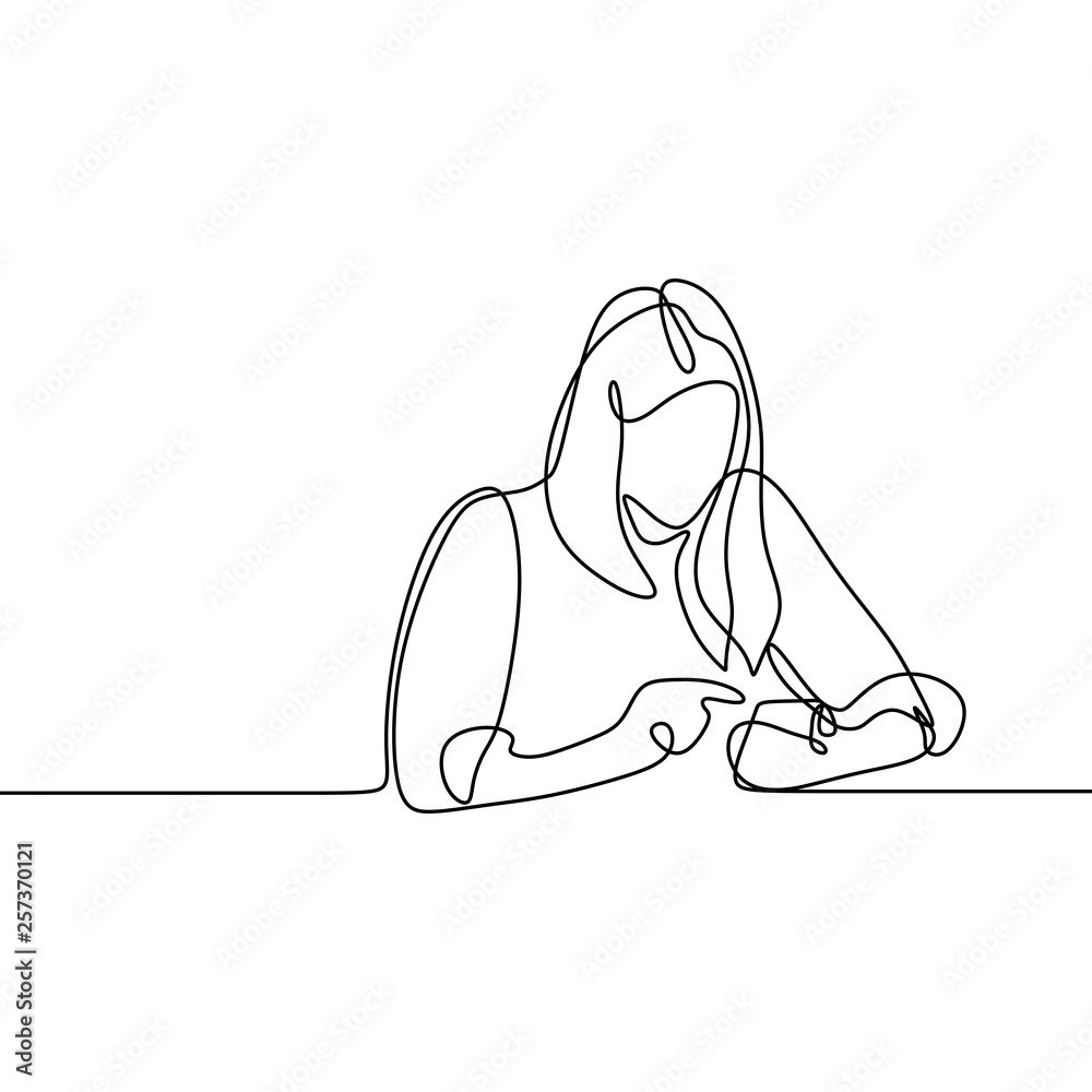 Girl playing and using smart phone continuous line drawing. One lineart ...