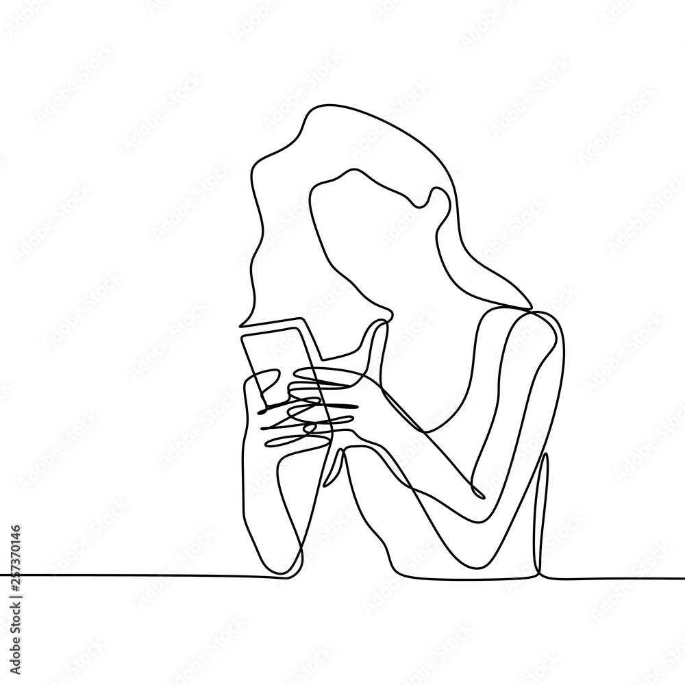 Girl playing and using smart phone continuous line drawing. One lineart ...