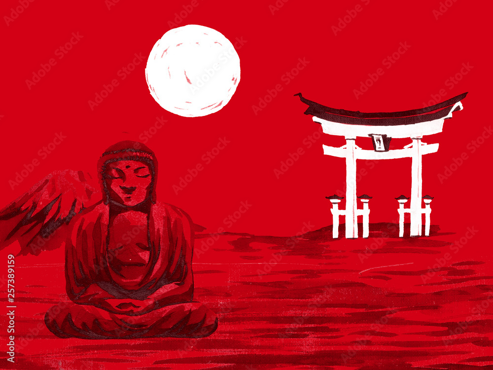 Japan traditional sumi-e painting. Watercolor and ink illustration in ...