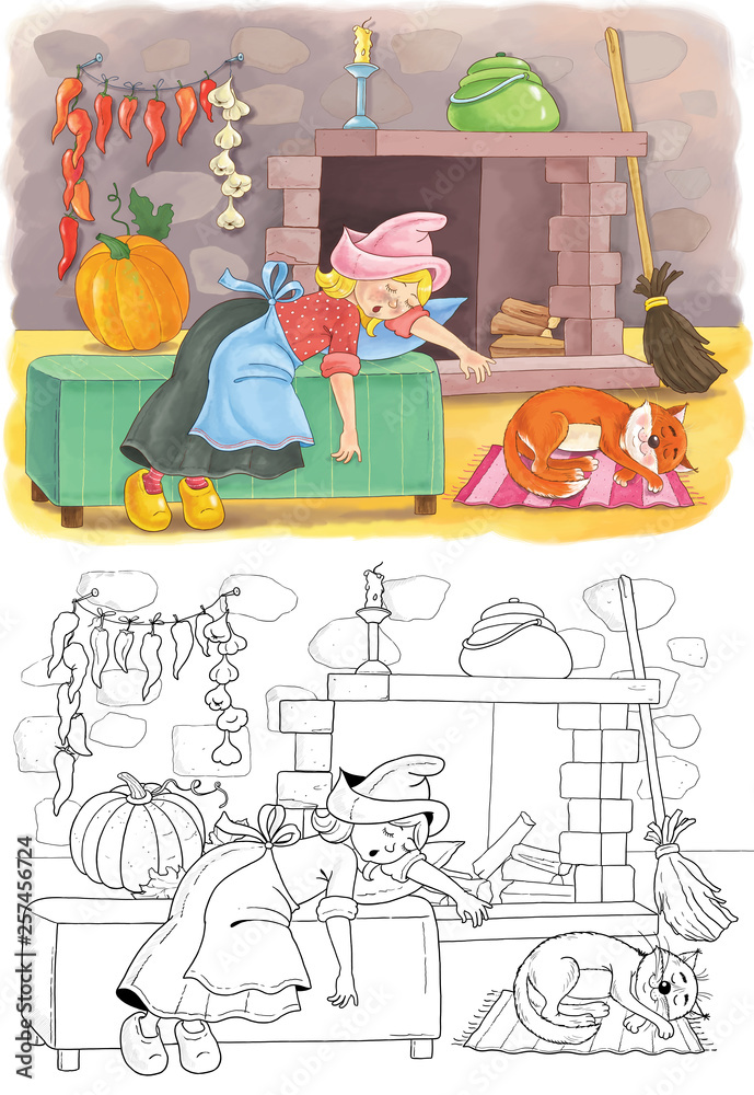 Cinderella. Fairy tale. Coloring book. Coloring page. Set of cute ...