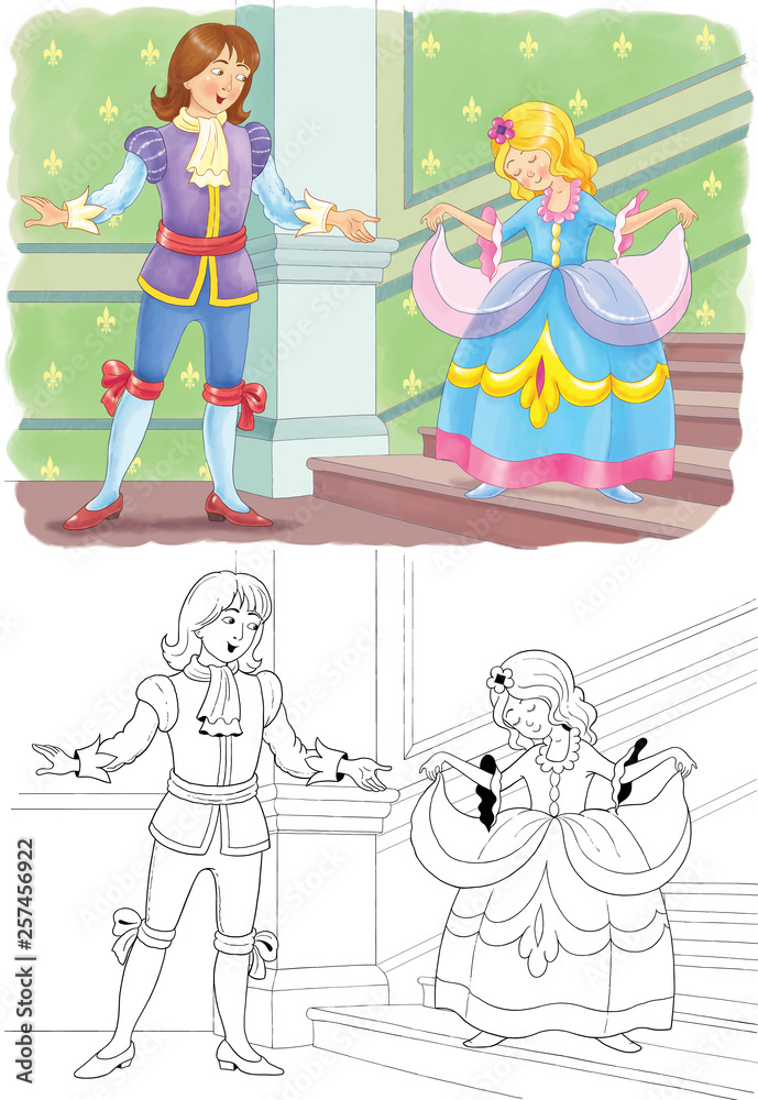 Cinderella. Fairy tale. Coloring book. Coloring page. Set of cute ...