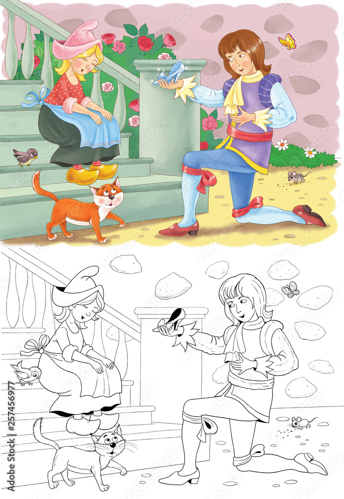 Cinderella. Fairy tale. Coloring book. Coloring page. Set of cute ...