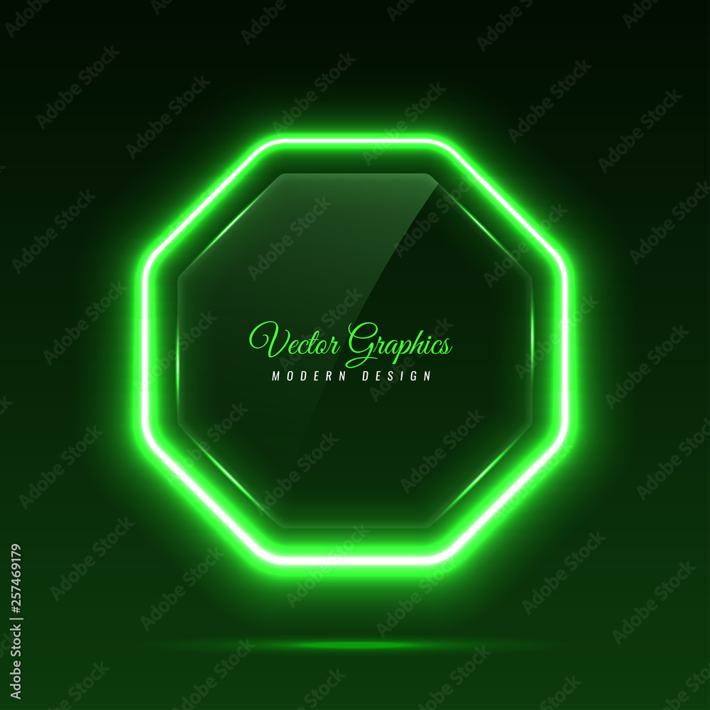 Octagonal glass banner. Transparent billboard with neon lights. Vector ...