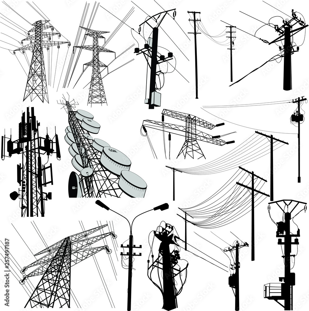 Silhouettes of high voltage or medium voltage poles and gsm ...