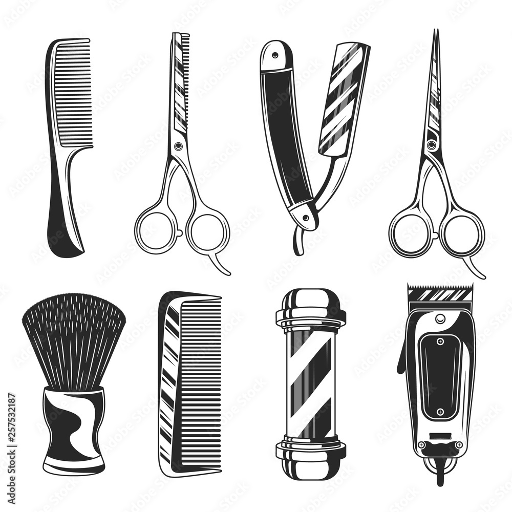 Vintage barber shop set items. Barbershop equipments. Barber pole ...