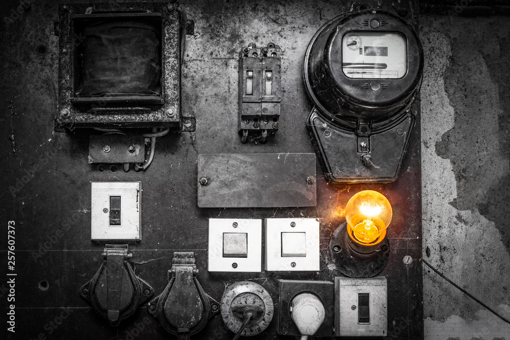 The old cabinets with wiring and piping of the electrical system ...