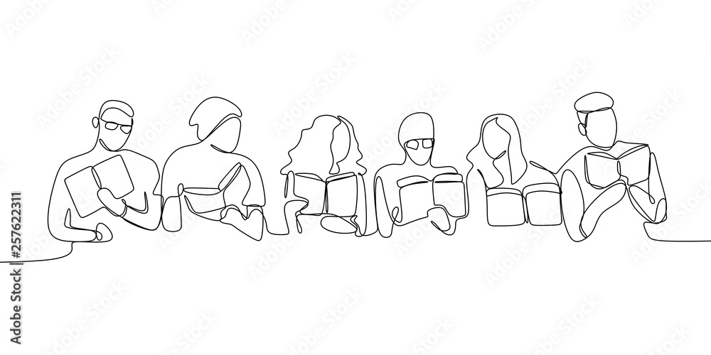 Continuous line drawings reading books together. Stock Vector | Adobe Stock