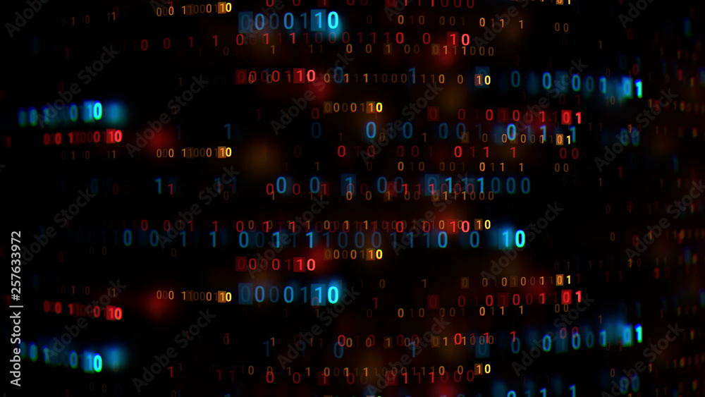 3d abstract render binary background. Zero and one code digits lines. Rendered with depth of ...