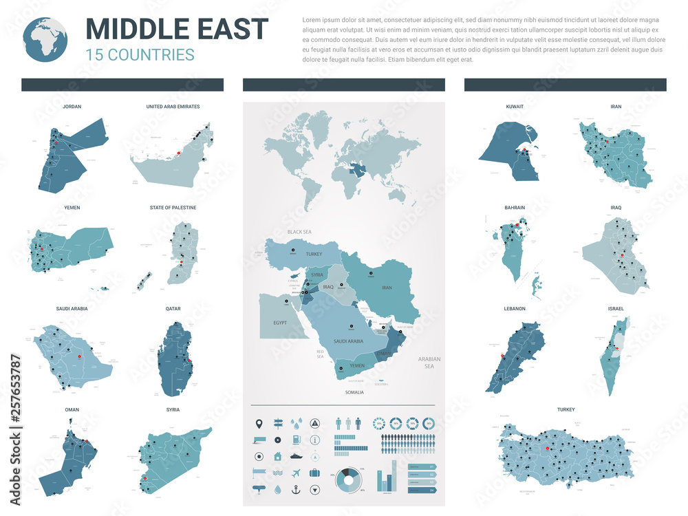 Vector maps set. High detailed 15 maps of Middle East countries with ...