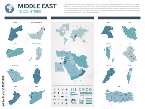 Vector maps set. High detailed 15 maps of Middle East countries with ...