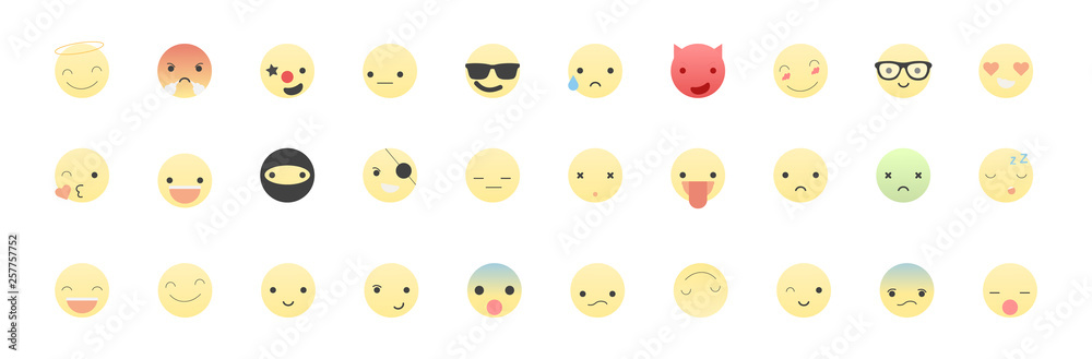 Vector de Stock Basic face emojis, emoticons, emotions flat vector illustration symbols. Hands ...