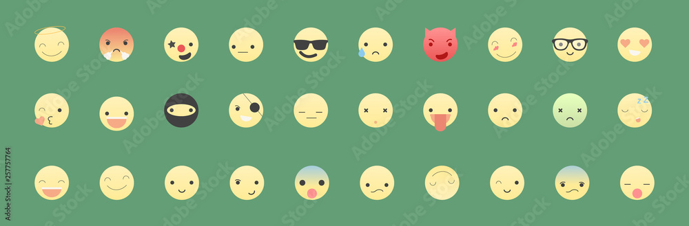 Basic face emojis, emoticons, emotions flat vector illustration symbols. Hands, faces, feelings ...
