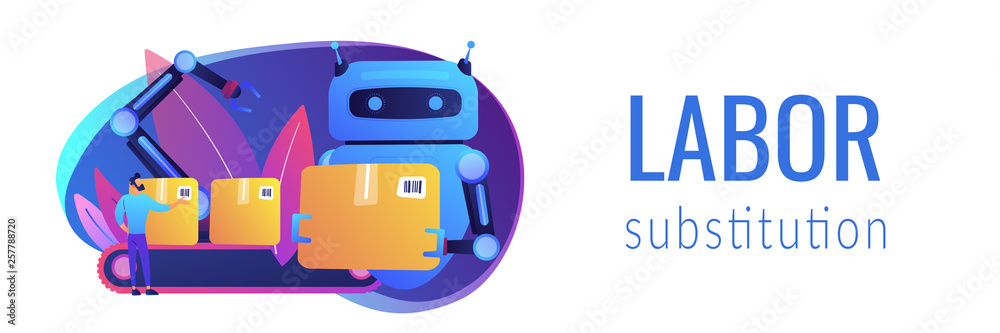 Robot substituting human working with boxes on conveyor. Labor ...