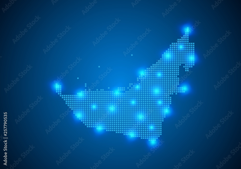 Abstract blue background with map, internet line, connected points. map ...