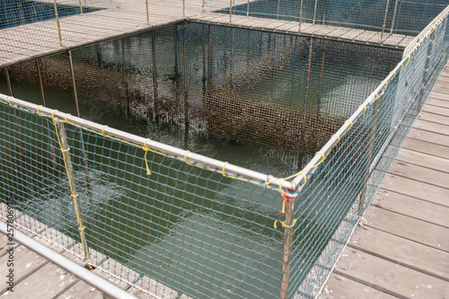 Fish cage floating in river use for raising fish, built with blue ...